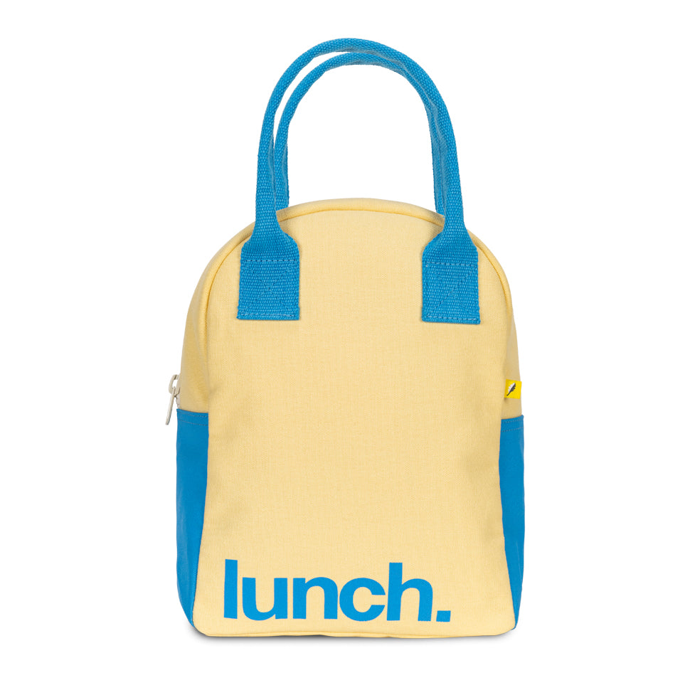 Fluf Organic Cotton Lunch Bag – 'Lunch' Text, Yellow and Blue